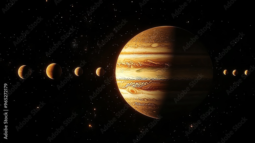 Jupiter with its Galilean moons in perfect orbit, an iconic image of ...