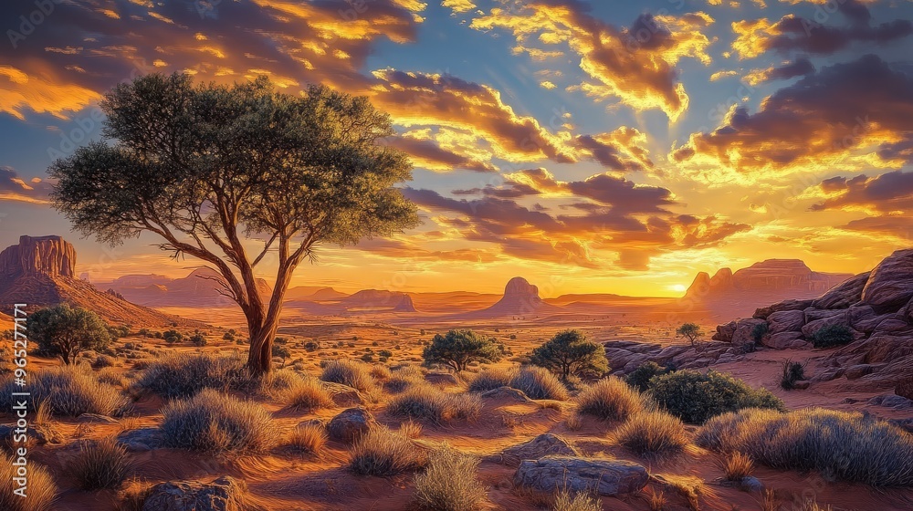 A desert scene featuring sparse trees and rocky formations, illuminated ...