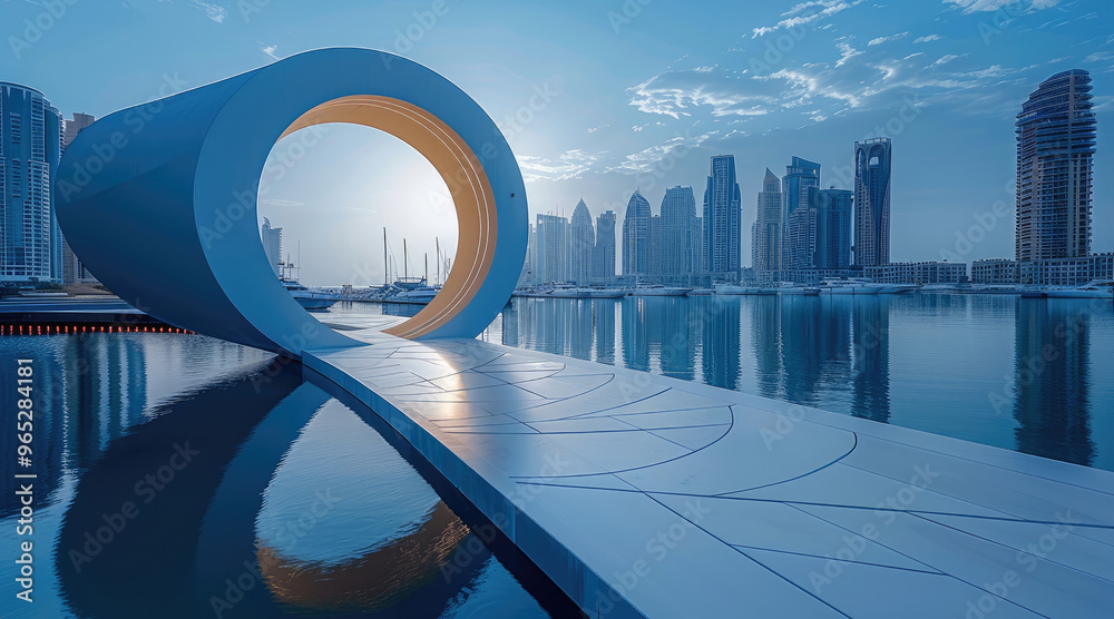 Event walkway on a marina, in the foreground is an O shaped minimal art ...