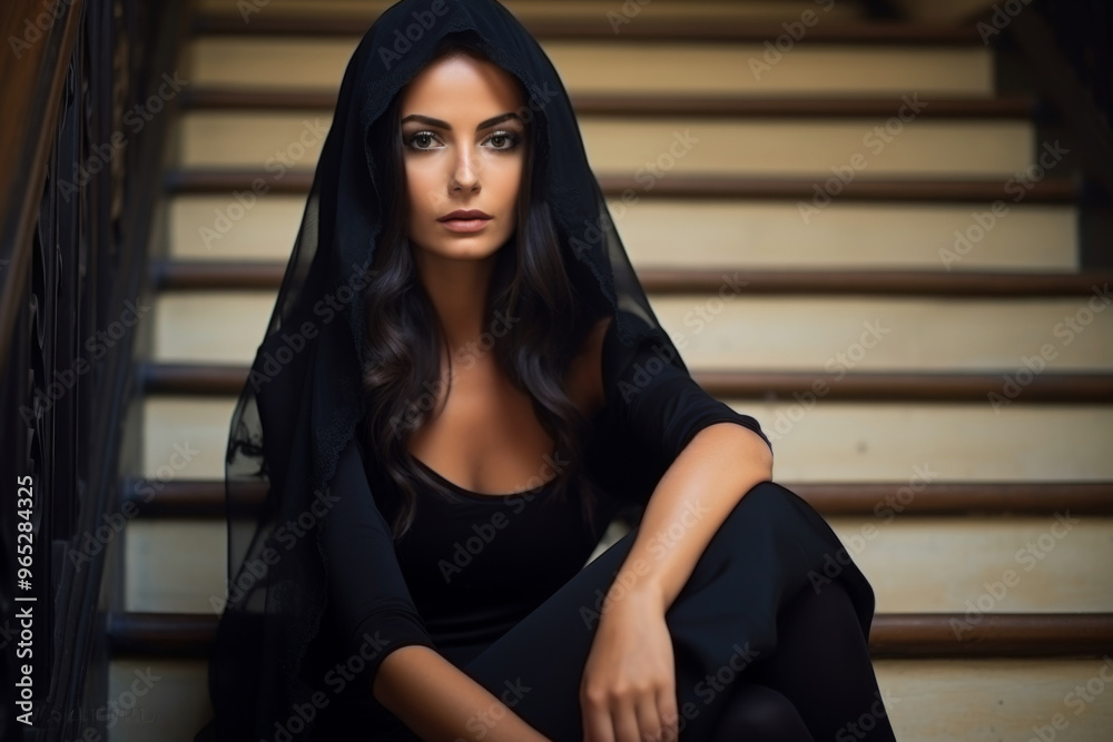 Young widow in black dress with a sheer veil, sitting on the stairs ...