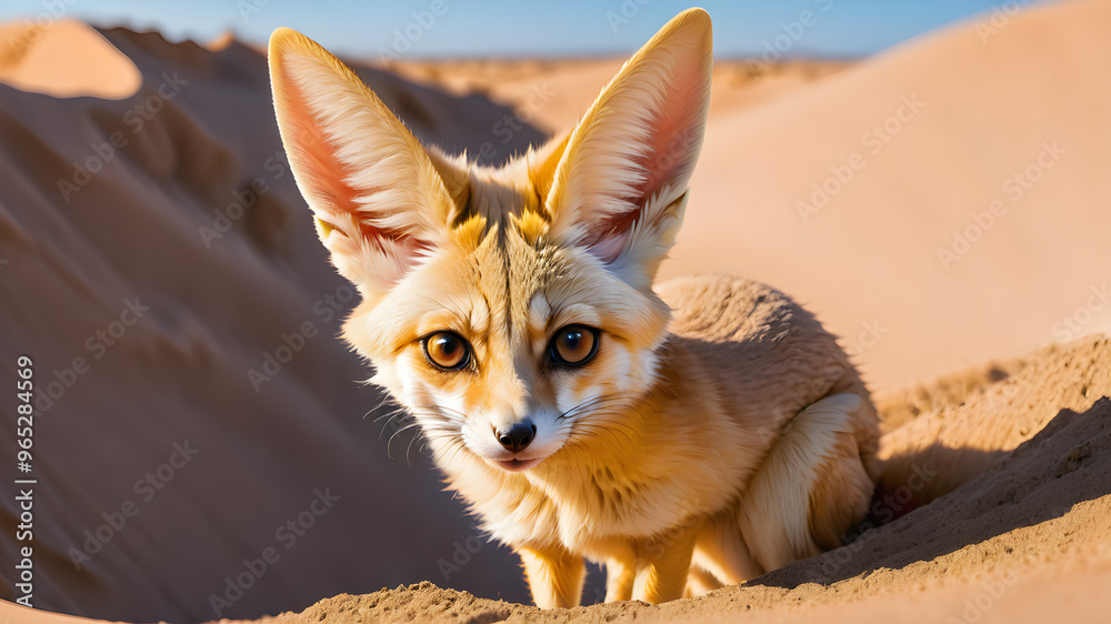 Fennec fox peeking from a sand burrow under a bright blue sky Stock ...