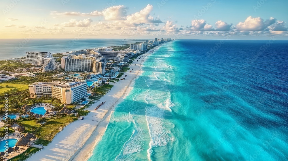 Spectacular aerial capture of a lavish hotel resort and the pristine ...