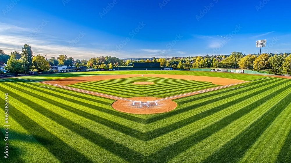 Beautiful panoramic capture of a meticulously groomed baseball park ...