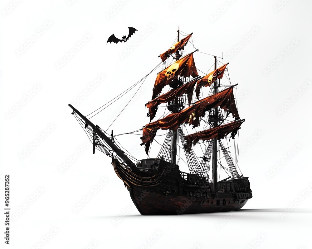 Image of pirate ship with bat flying overhead, isolated on clean ...