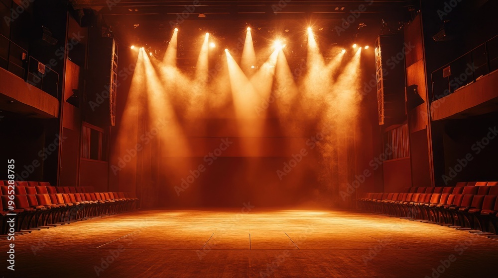 A theater stage with warm, soft lighting that casts a golden glow ...