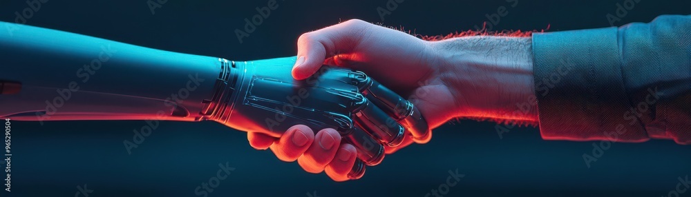 leaders hand shaking a holographic hand, merging human leadership with ...