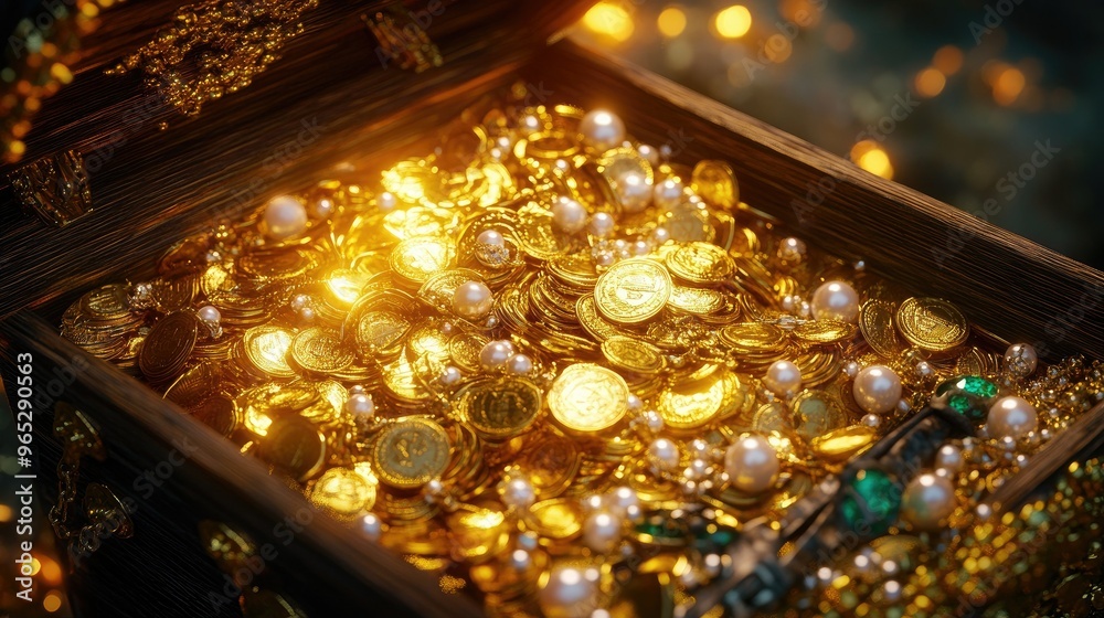 An open treasure chest revealing a hoard of gold coins, delicate pearls ...