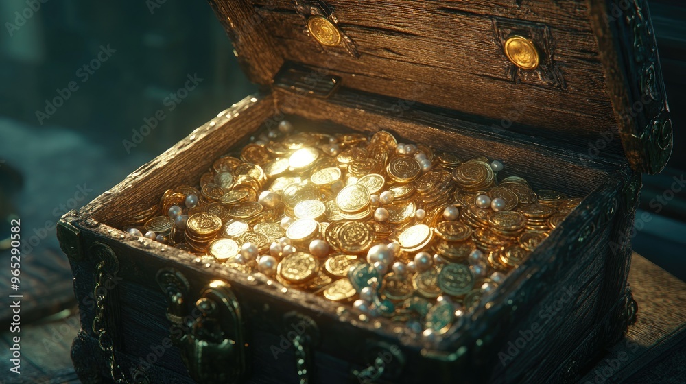 An open treasure chest revealing a hoard of gold coins, delicate pearls ...