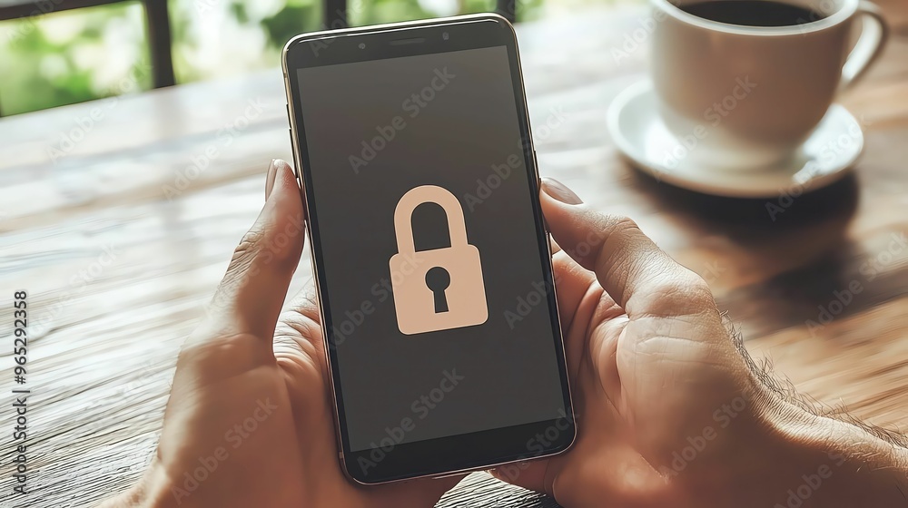 Hands carefully holding a smartphone, with a clear padlock symbol on ...