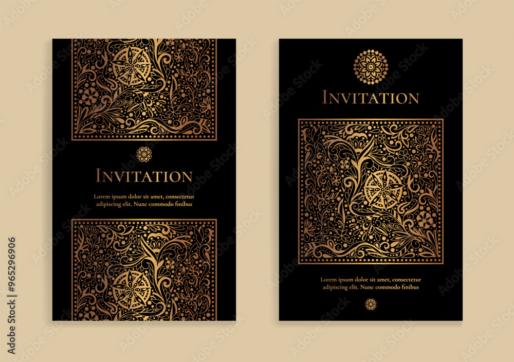 Black invitation card design with golden ornament pattern. Luxury ...