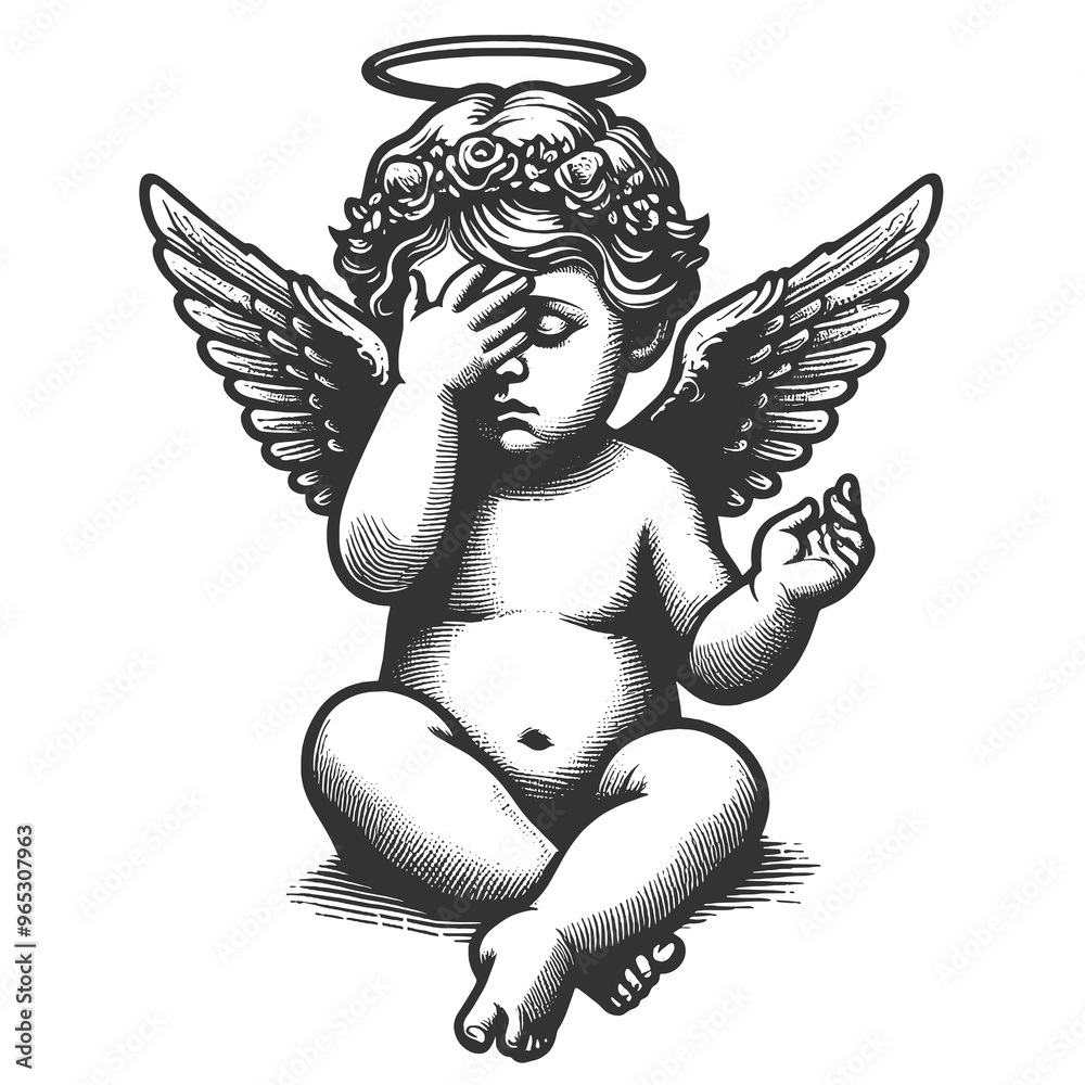 cherub angel sitting with one hand covering its face, expressing ...