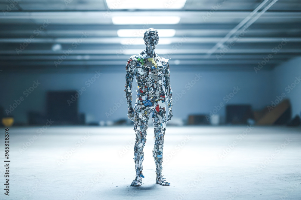 Sculpture of a human figure made from recycled materials and trash ...