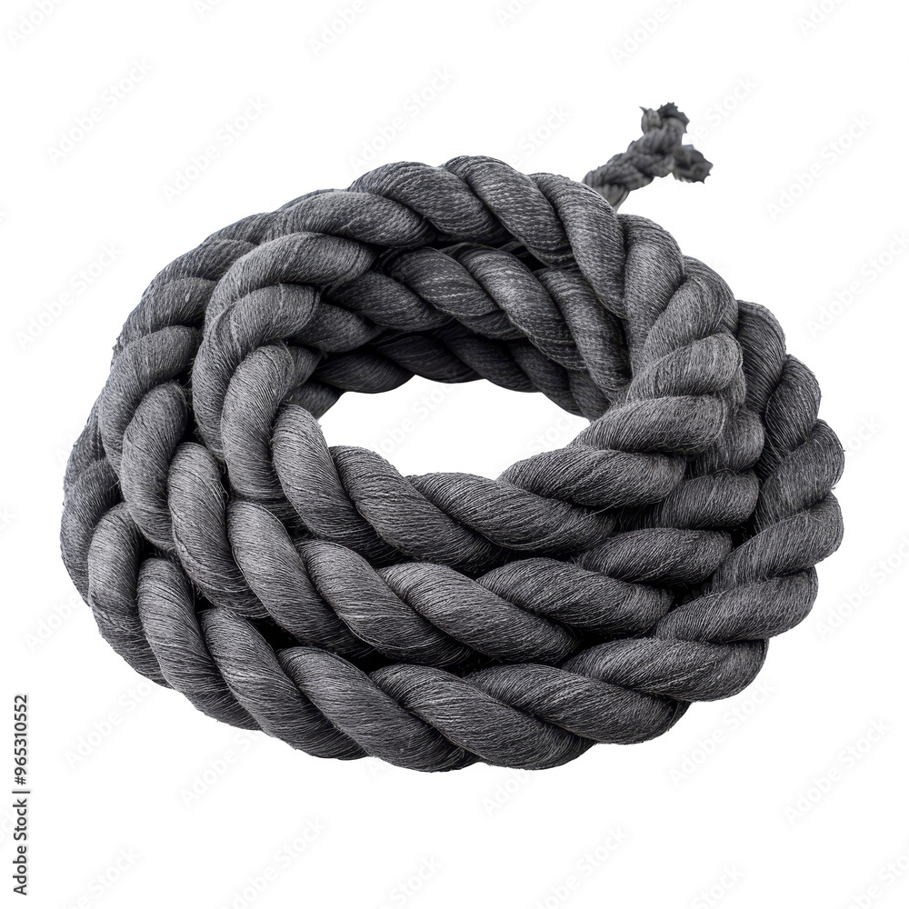 Thick, dark rope coiled neatly on a transparent background, showcasing ...