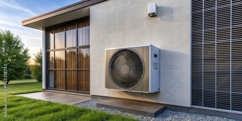 A modern heat pump installed on a house wall creating a sleek and ...