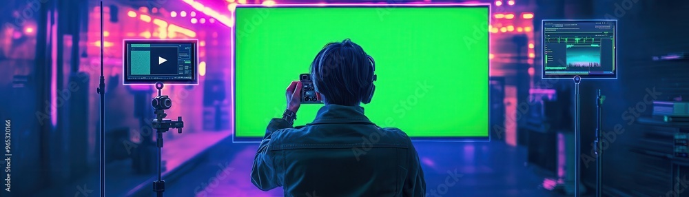 Capture a rear view of a tech-savvy Vlogger adjusting a camera in front ...