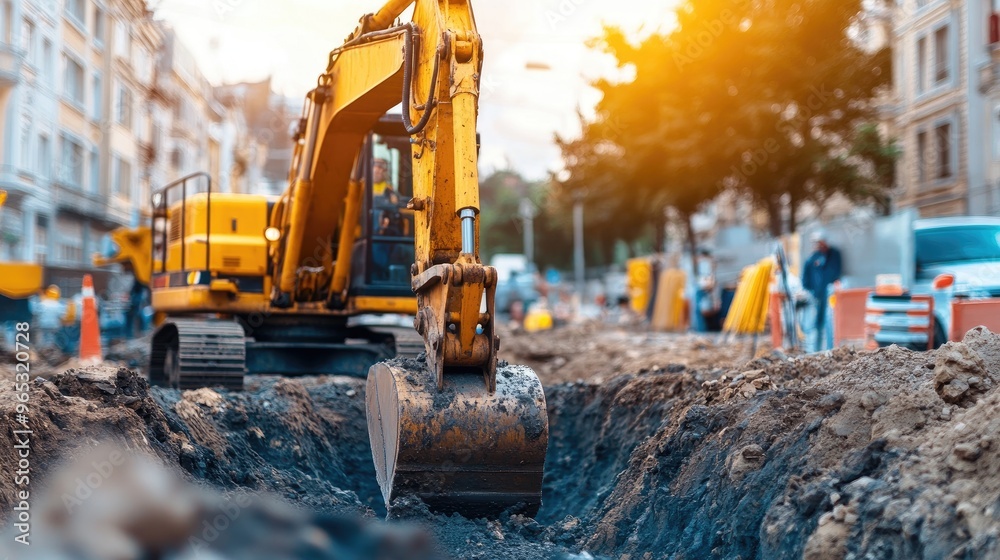 An excavator digs a trench on a busy construction site, with materials ...