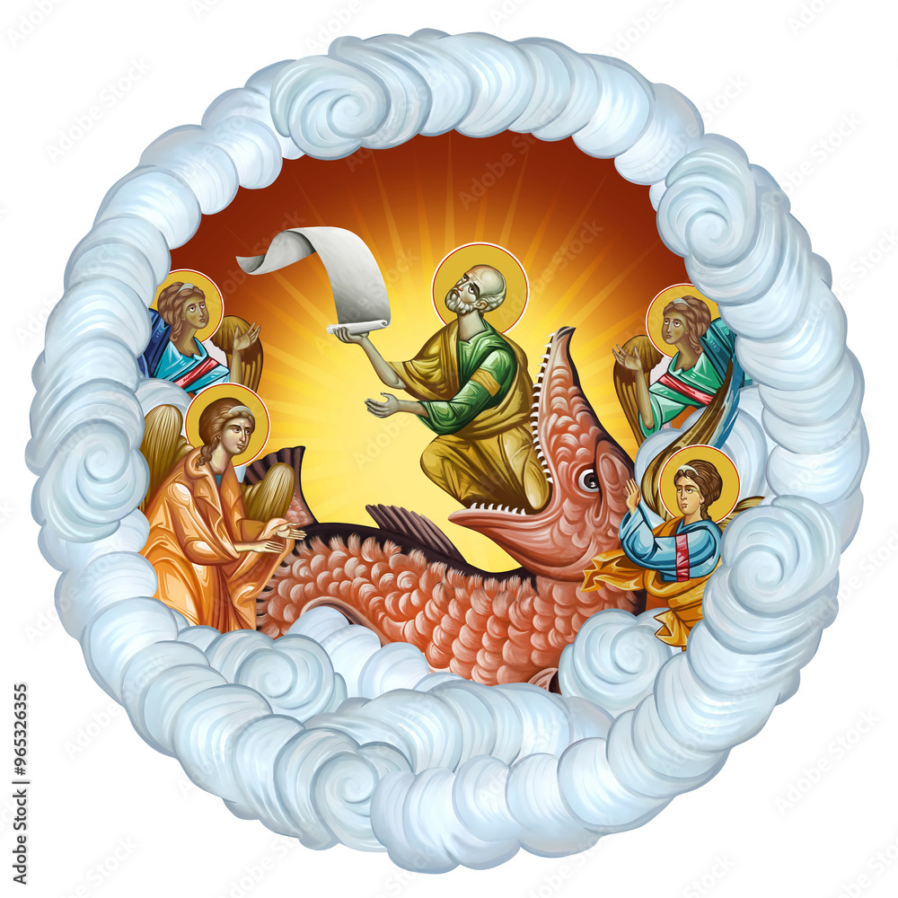 Saint Jonah and the Whale. Bright religious dome with angels on heaven ...