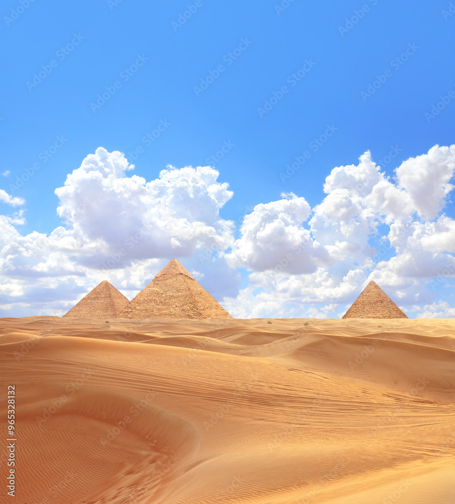 Famous three Great Pyramids of Chephren and Cheops, Cairo, Egypt. Three ...