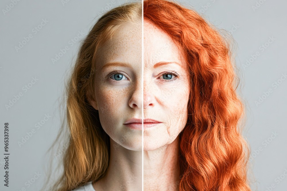 Comparative image with close-up portrait of the same woman at 30 and 80 ...