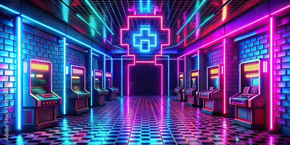 vibrant neon lit retro arcade scene featuring pixelated 8-bit fonts in ...
