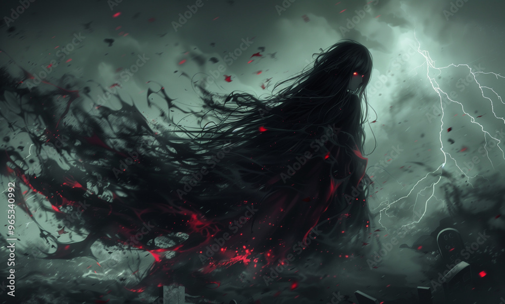 Anime necromancer with flowing dark robes, summoning skeletal minions ...