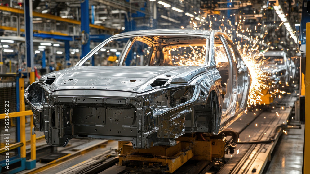 A car is being built in a factory with sparks flying from the welding ...