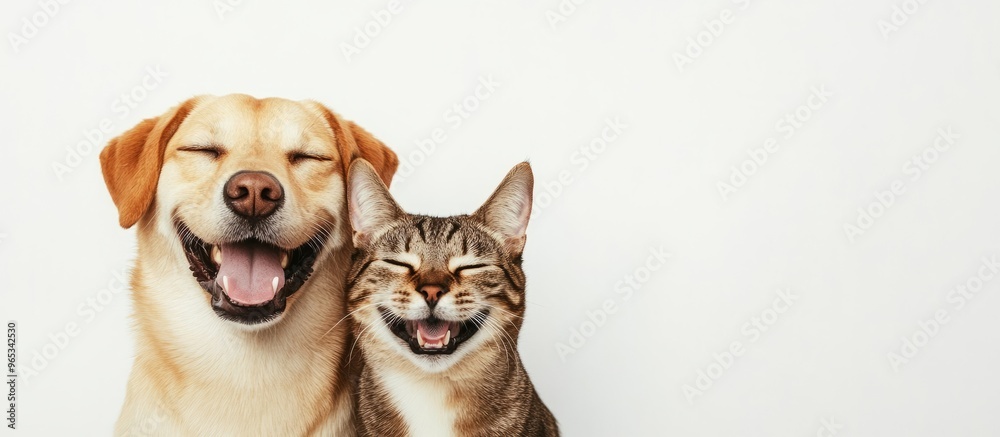 Vet banner with pets and copy space for text. Dog and cat smiling with ...