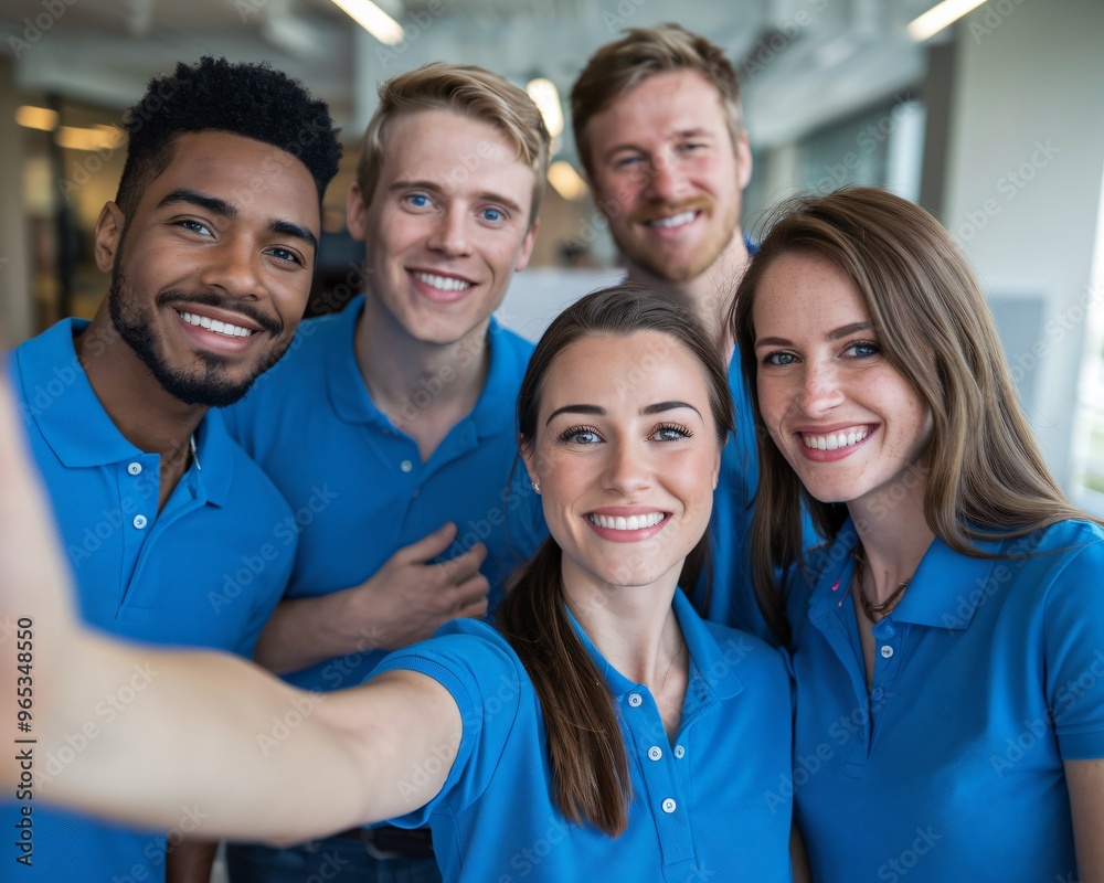 A photo of a group of four young people taking a selfie in a modern ...