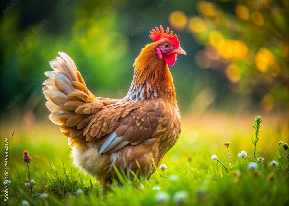The solitary hen stands amidst the swaying grass, her plumage ruffled ...