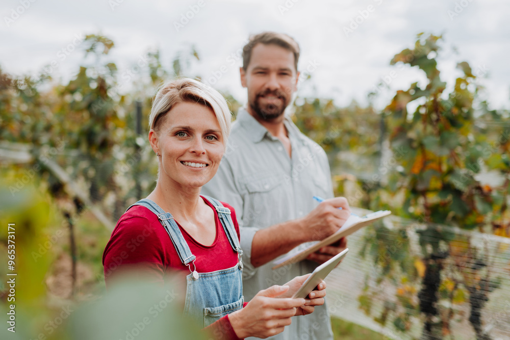Viticulturist talking with vineyard owner, overseeing grapes growing ...