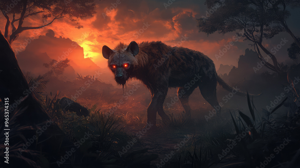 A creepy zombie hyena with a decayed face and glowing eyes, prowling ...