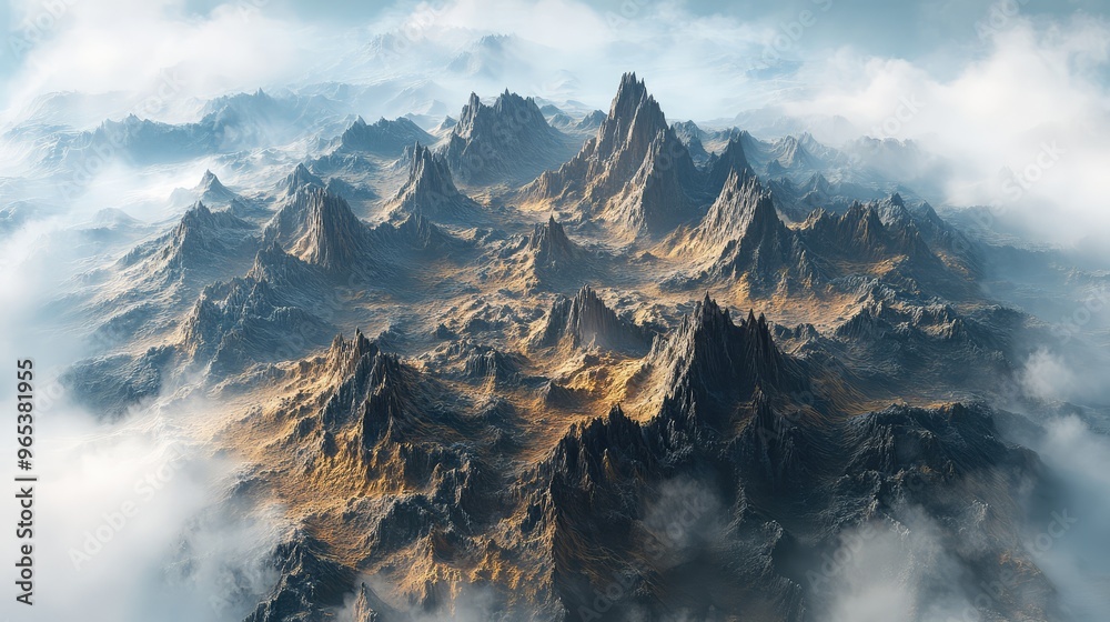 90-degree top view of a floating island, arid and mountainous ...