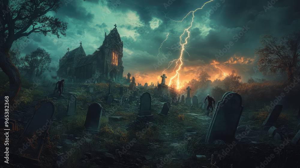 An eerie cemetery at night with zombies clawing their way out of graves ...