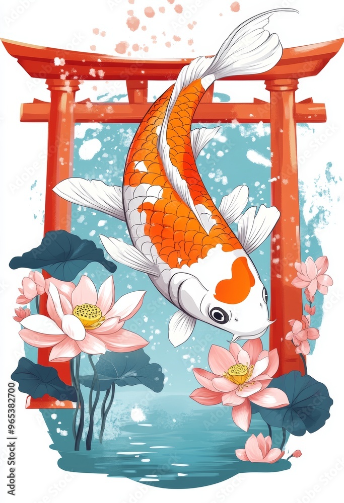 Cute illustration of a koi fish swimming in the water with lotus leaves ...
