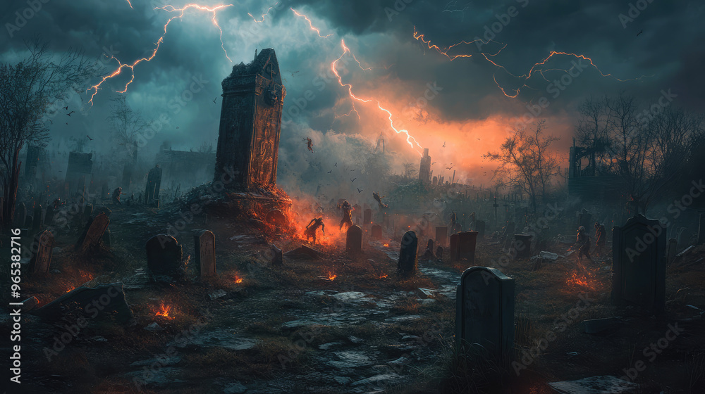 An ominous graveyard scene with zombies rising from the earth, their ...