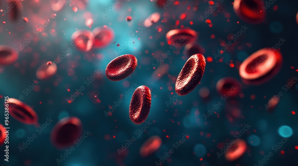 This image displays a close-up view of red blood cells in a vibrant ...