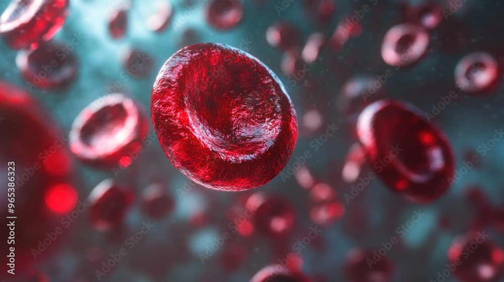 The image depicts a close-up view of red blood cells within a blood ...