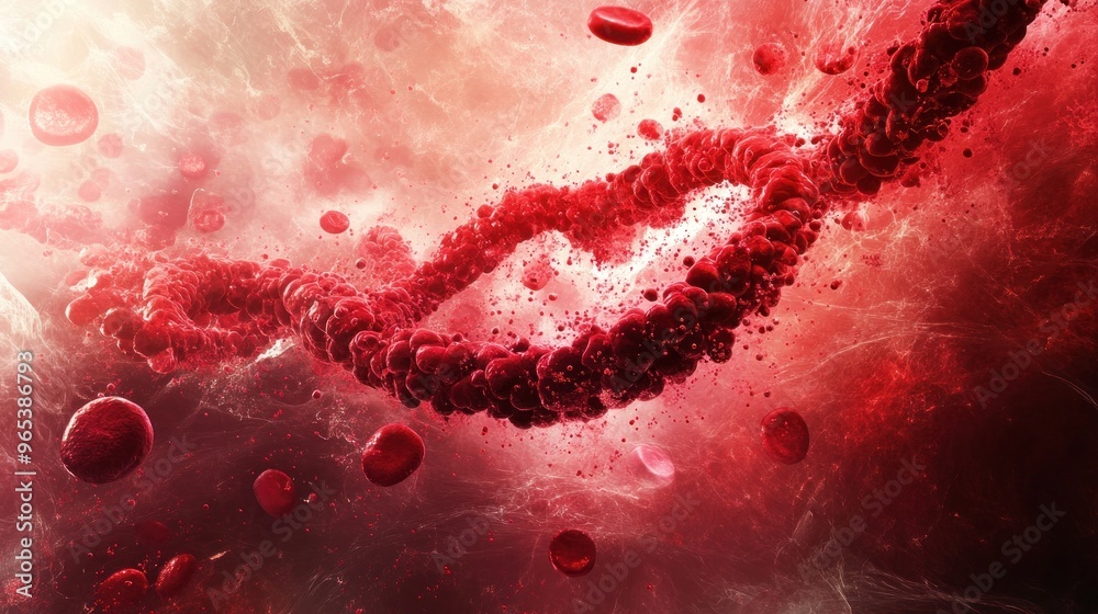 A digital illustration of red blood cells and DNA strand within a blood ...