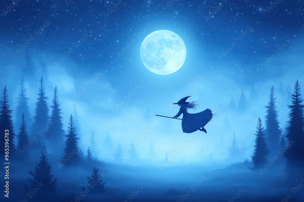 Witch Flying Through the Moonlight: A mysterious silhouette of a witch ...
