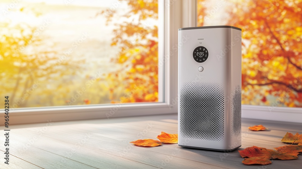 Indoor air purifier next to a window with fall leaves, enhancing home ...