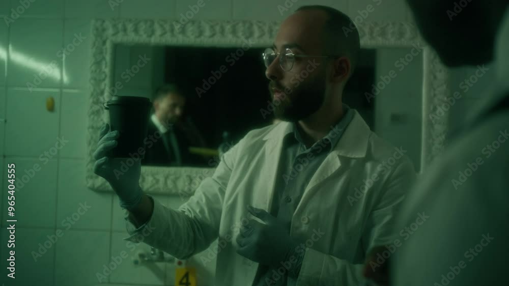 Forensic expert wearing white lab coat and sterile gloves holding ...