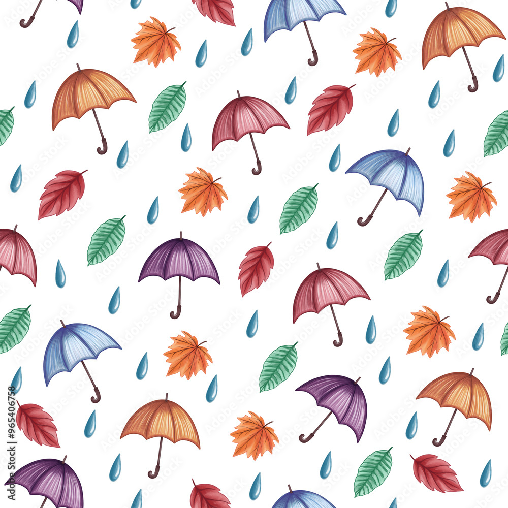 Seamless colourful umbrellas pattern with autumn leaves and rain drops ... Seamless colourful umbrellas pattern with autumn leaves and rain drops ...