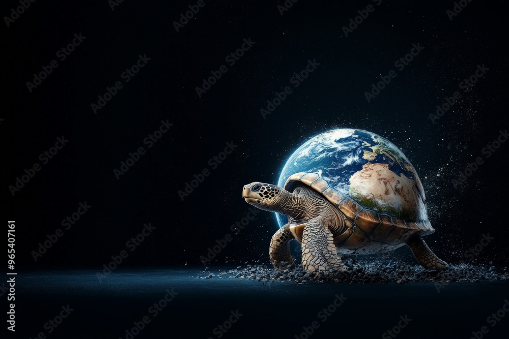 Image portrays a turtle carrying the Earth on its back, illustrating ...