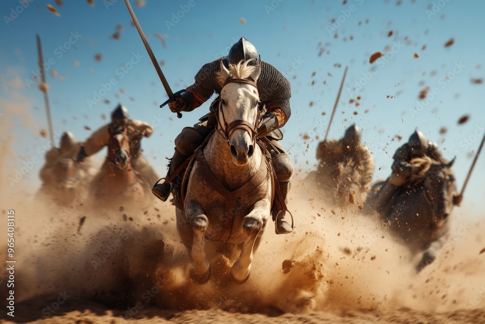 Armored medieval knights ride horses, charging forward with raised ...