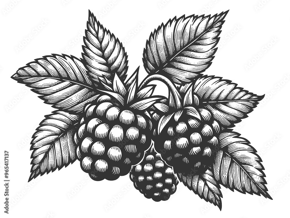 ripe blackberry cluster with leaves, showcasing a vintage botanical ...