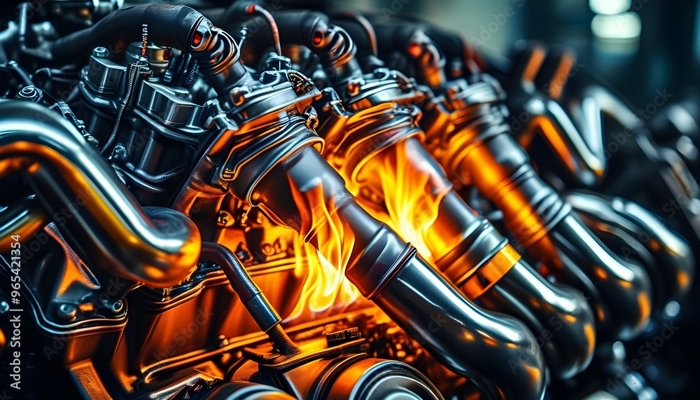 Fiery close-up of a complex metal car engine with flames erupting from ...