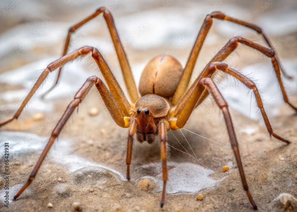 A brown recluse spider poses in close-up, its brown body marked by a ...