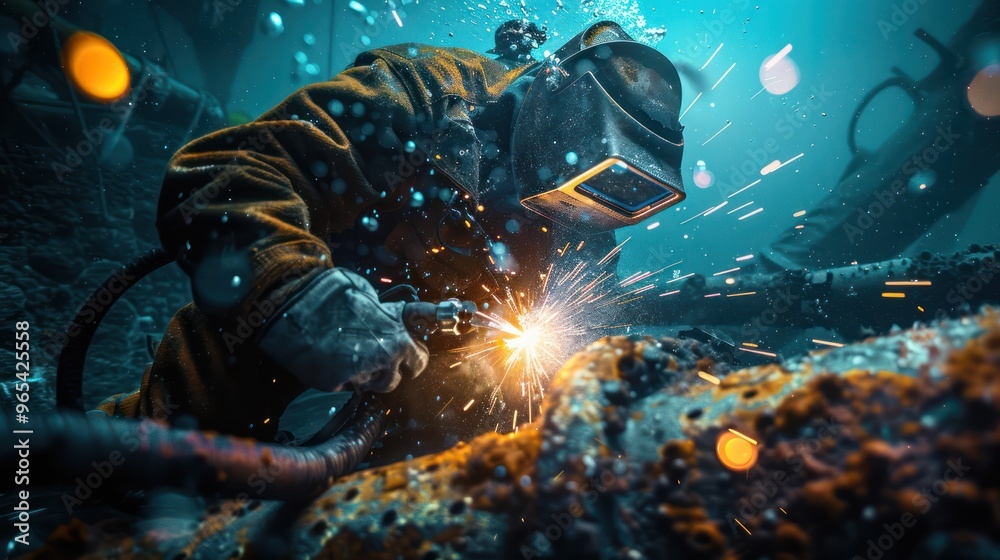 Underwater welders working at Sparks turn on lights on the seabed to ...