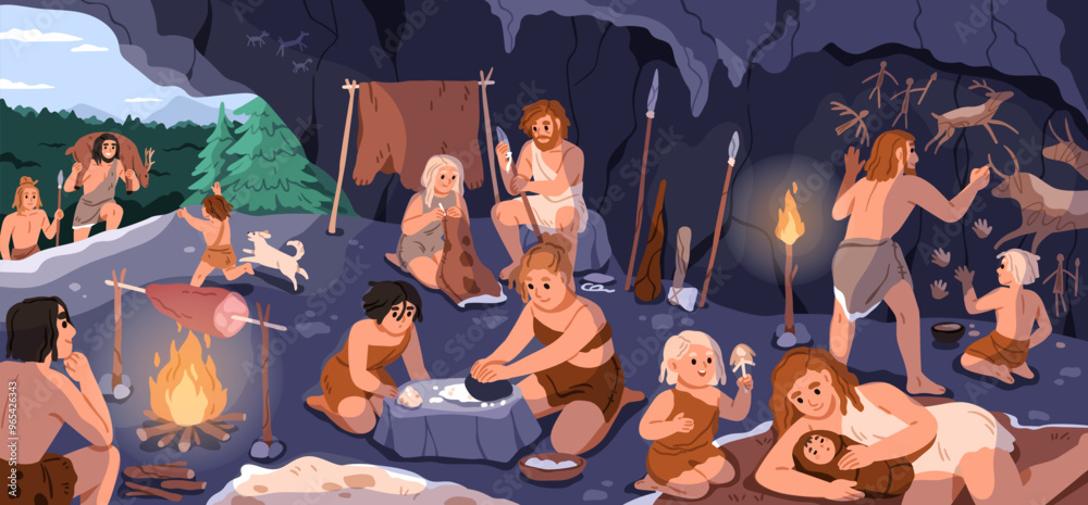 Stone Age, cavemen, prehistoric people life in ancient cave. Prehistory family, tribe ...