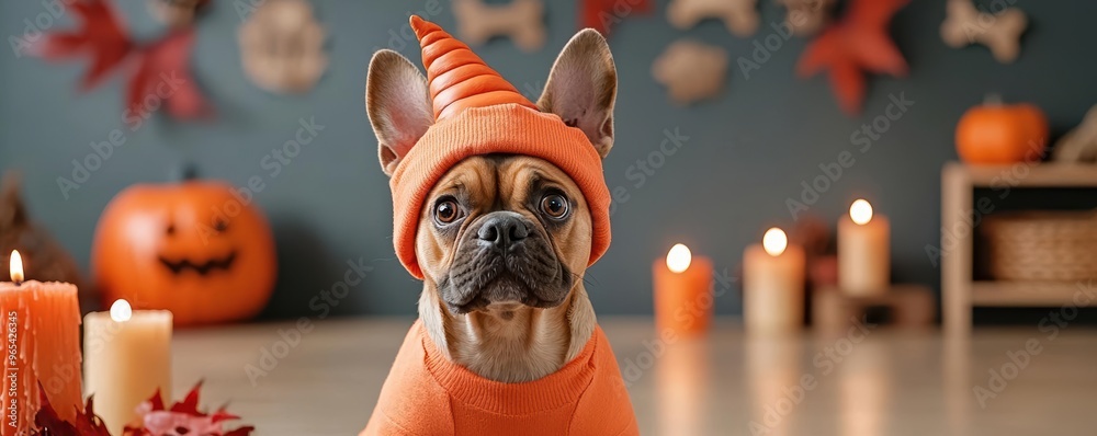 Bulldog in a zombie costume, standing in a dark room with flickering ...